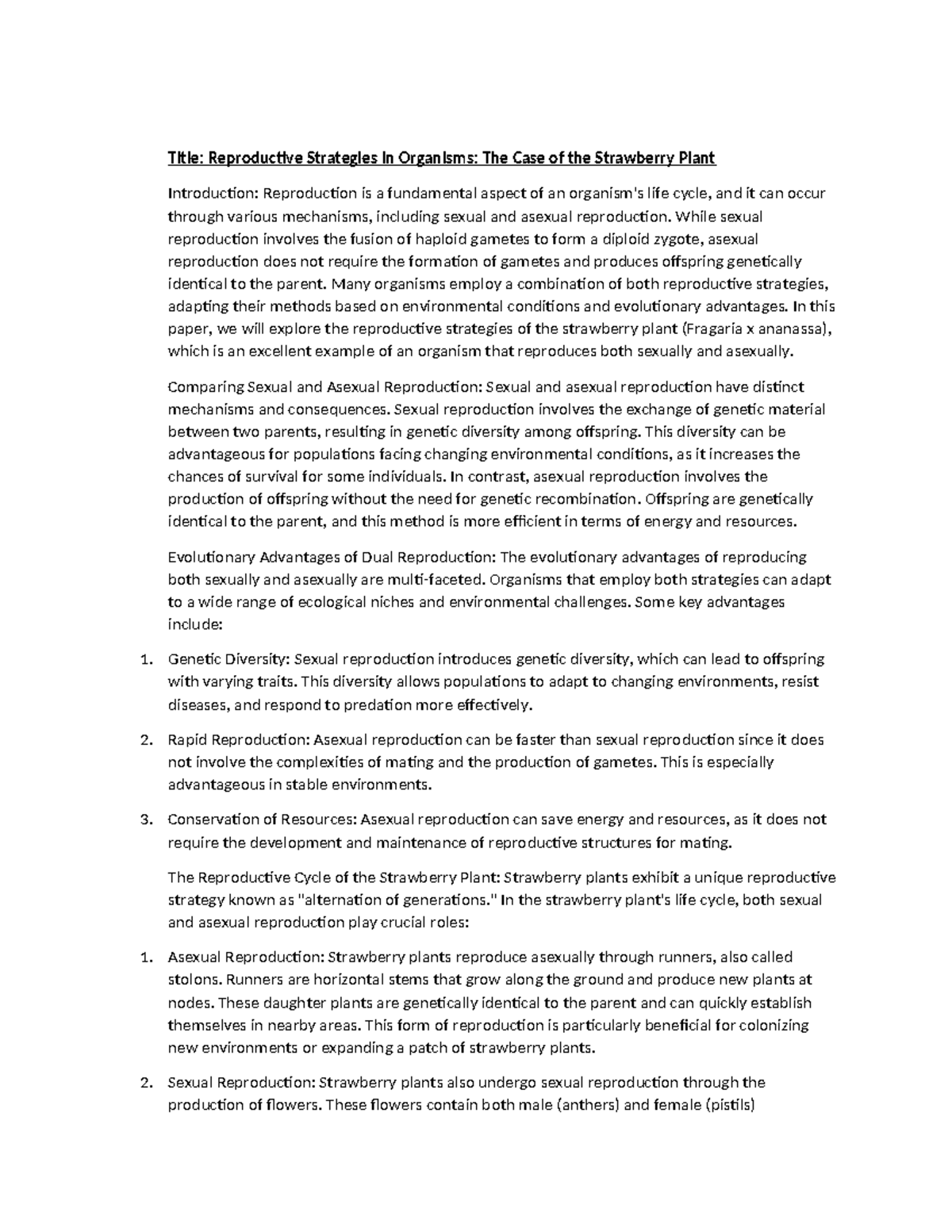 Written assignment 27 - Good example - Title: Reproductive Strategies ...