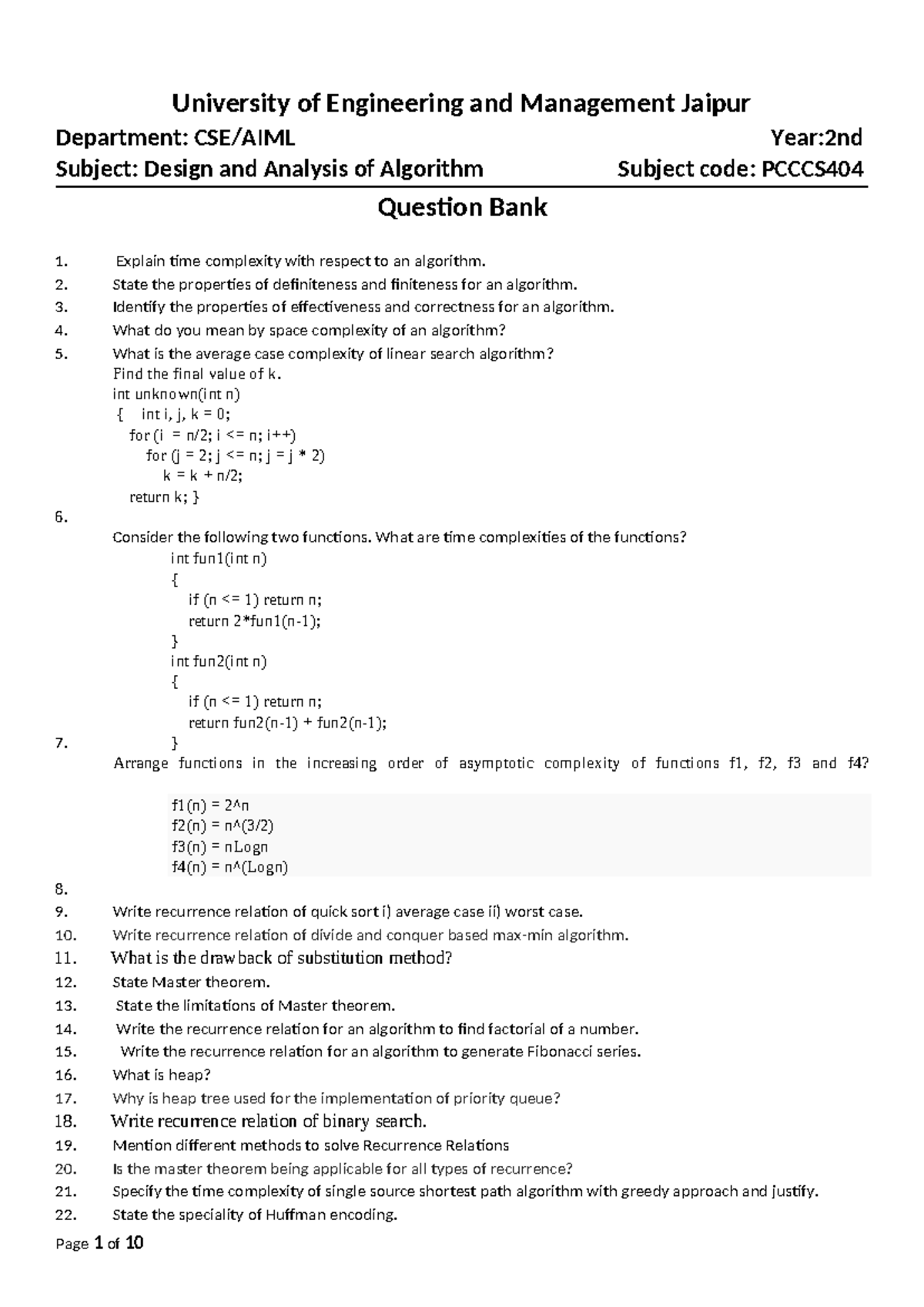 DAA question final - University of Engineering and Management Jaipur Department: CSE/AIML Year ...