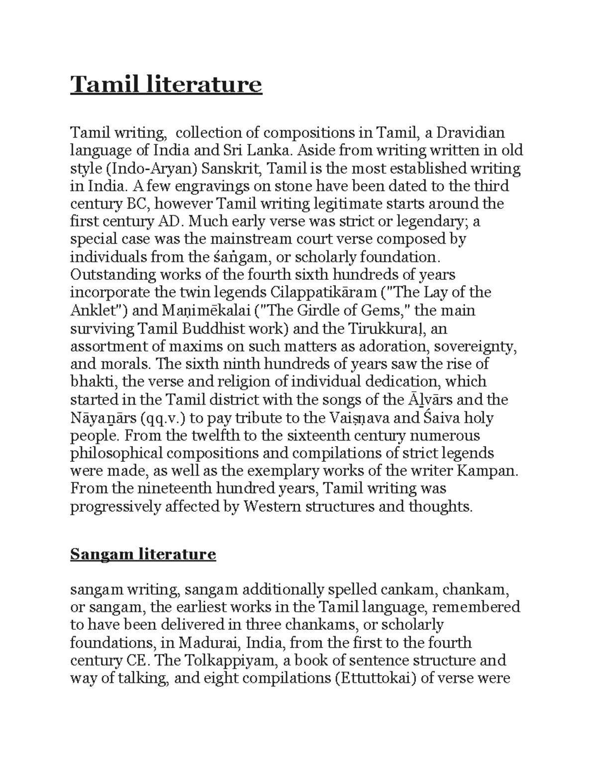 Tamil literature - Tamil literature Tamil writing, collection of ...