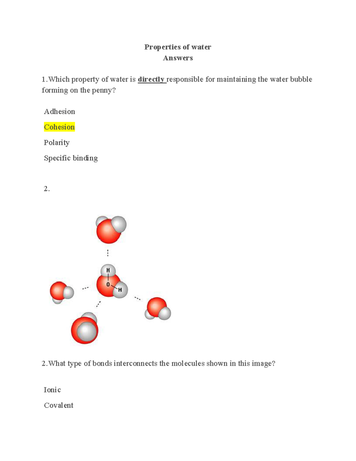 Properties of water answers - Properties of water Answers 1 property of ...