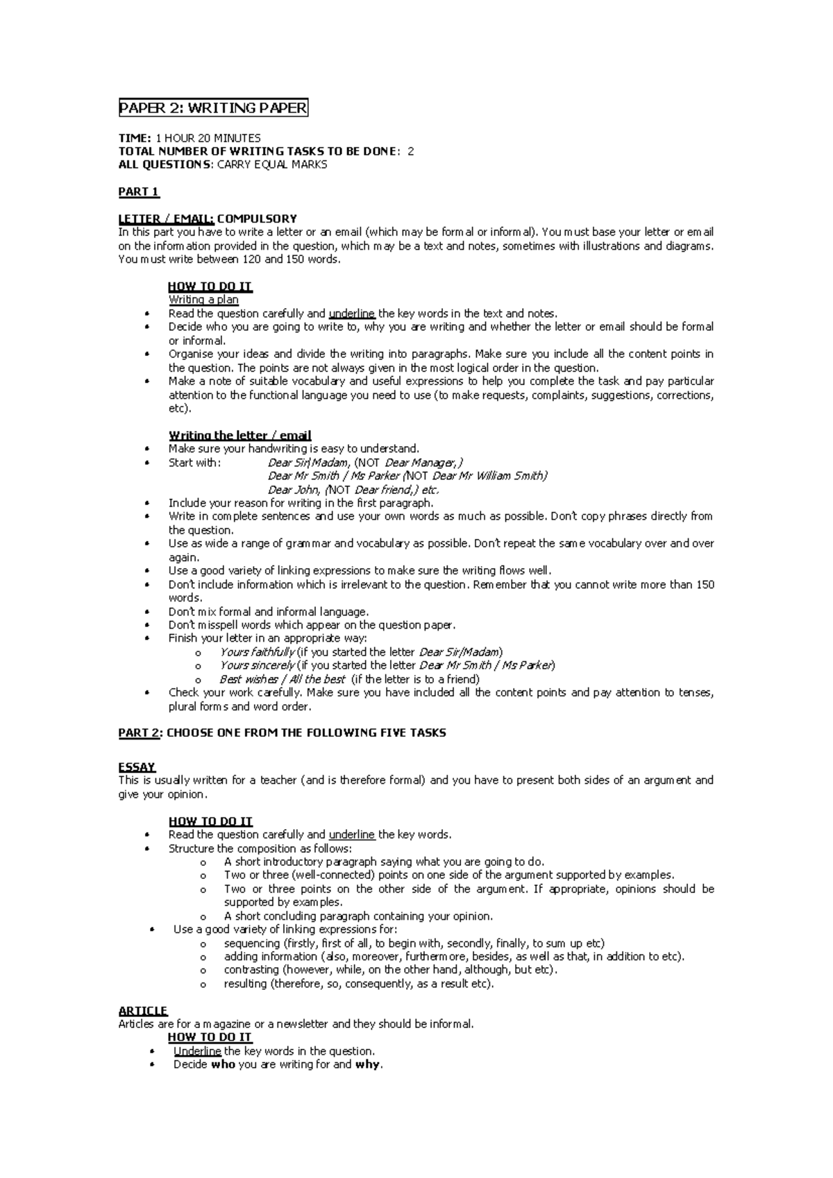 Writing Guide for FCE - PAPER 2: WRITING PAPER TIME: 1 HOUR 20 MINUTES ...