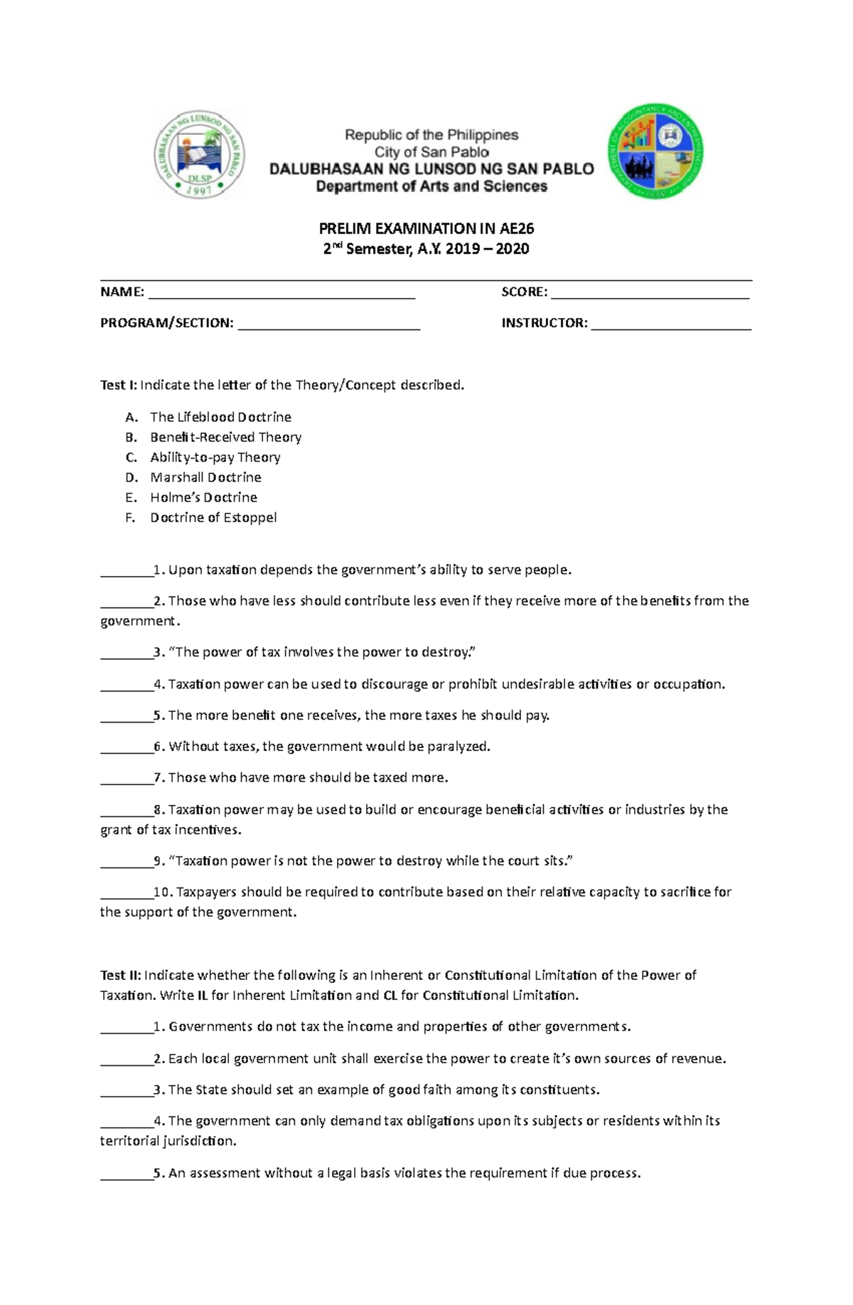 Prelim Examination IN AE26 - PRELIM EXAMINATION IN AE 2 nd Semester, A ...