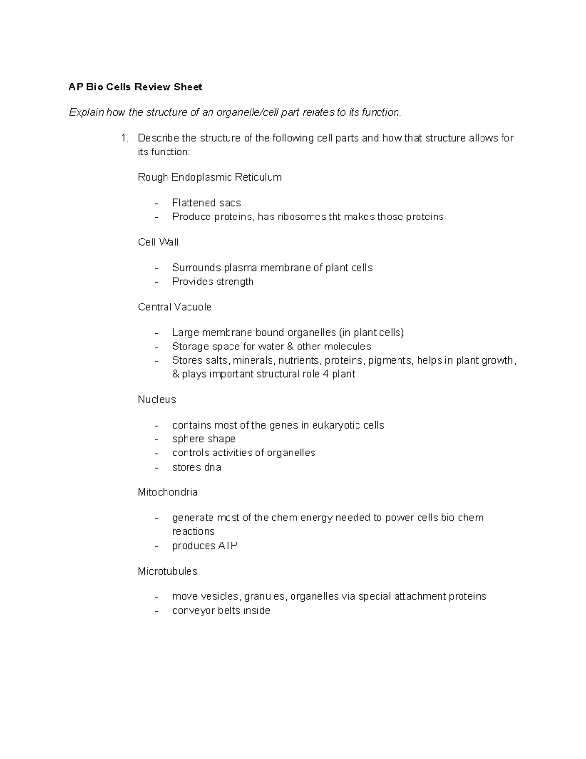 Cells Review Sheet - AP Bio Cells Review Sheet Explain how the ...