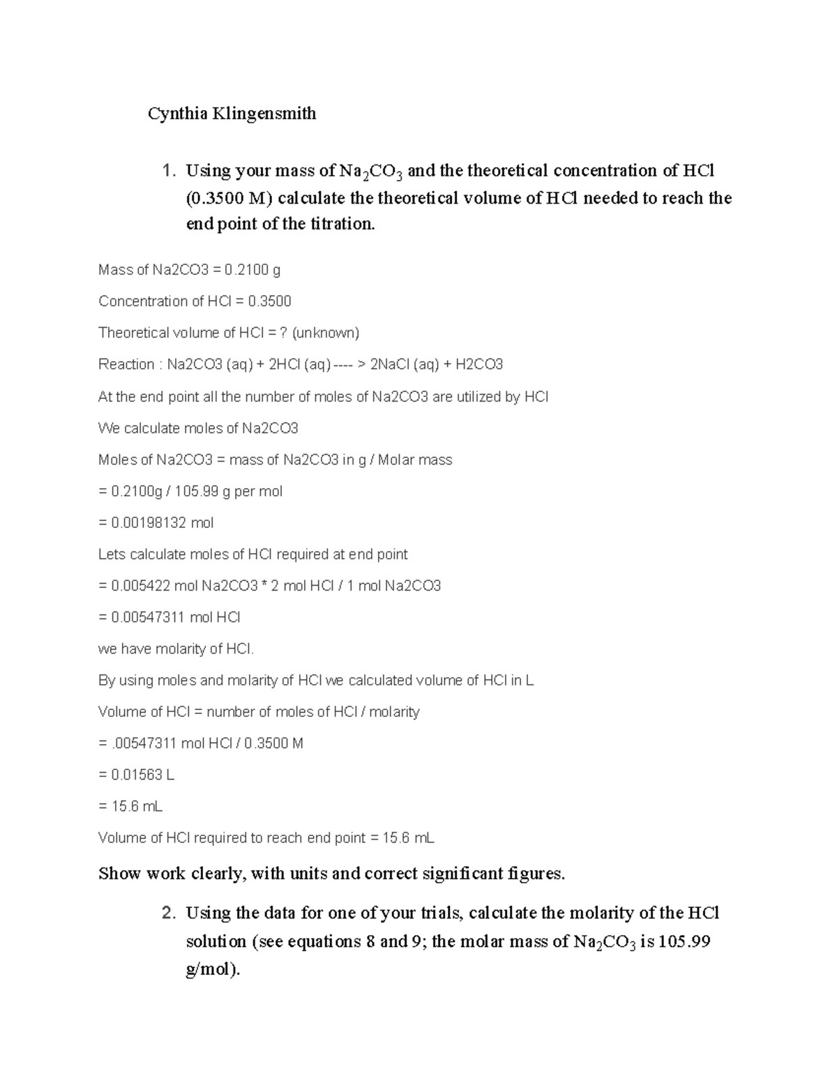Lab 10, Gibbs Free energy Post Lab questions - Cynthia Klingensmith 1 ...