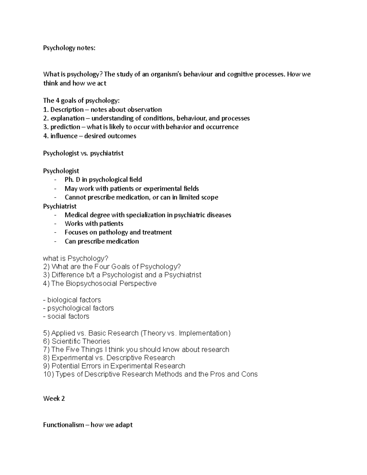 Psychology notes - Psychology notes: What is psychology? The study of ...