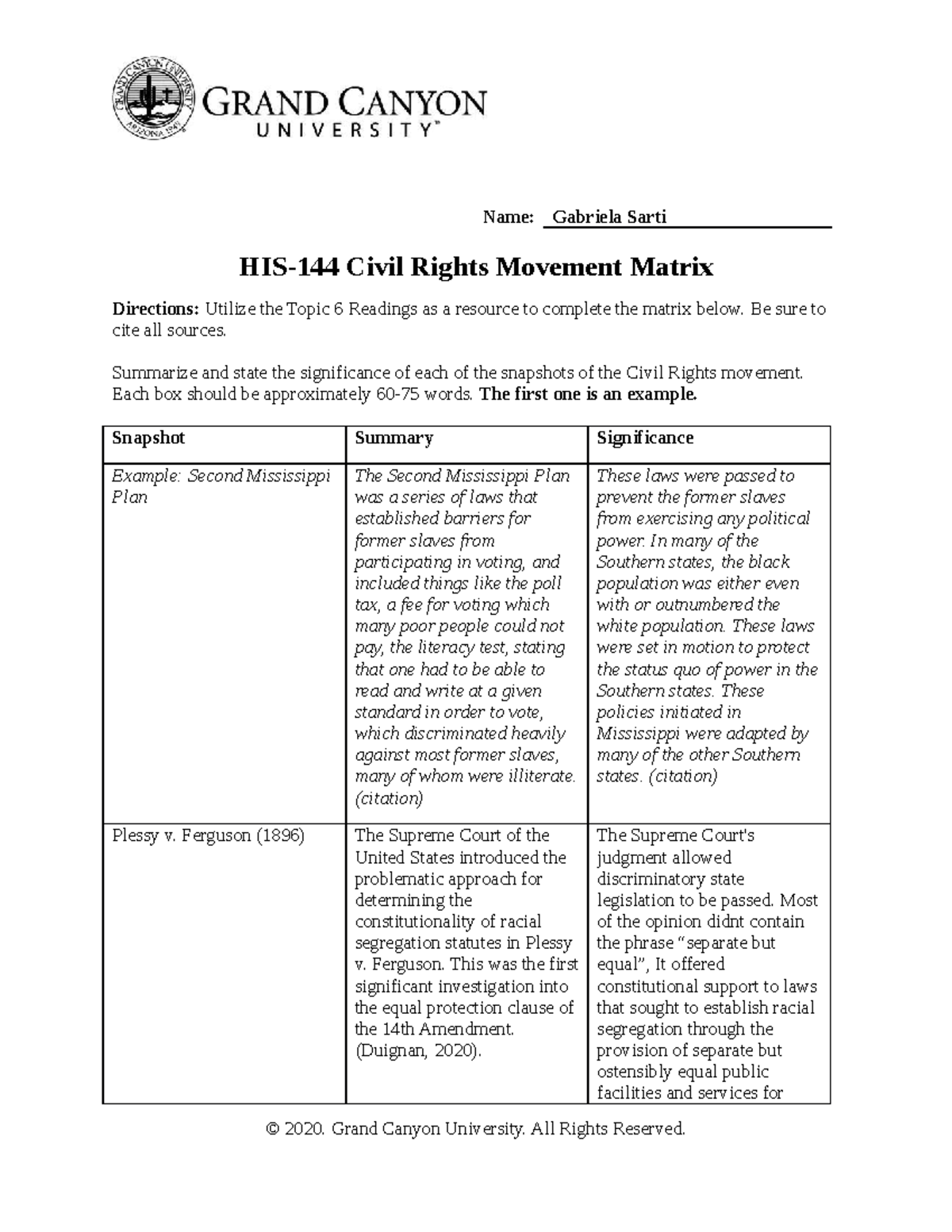 His 144- Topic 6 Revised matrix Assignment - Name: Gabriela Sarti HIS ...