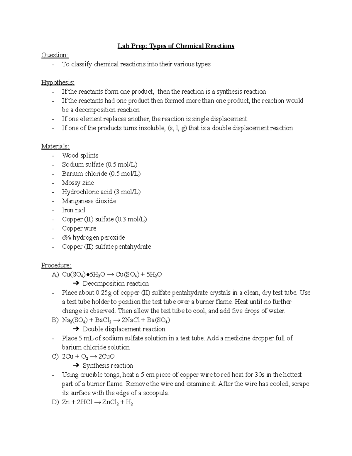 Lab Prep Types of Chemical Reactions - Lab Prep: Types of Chemical ...