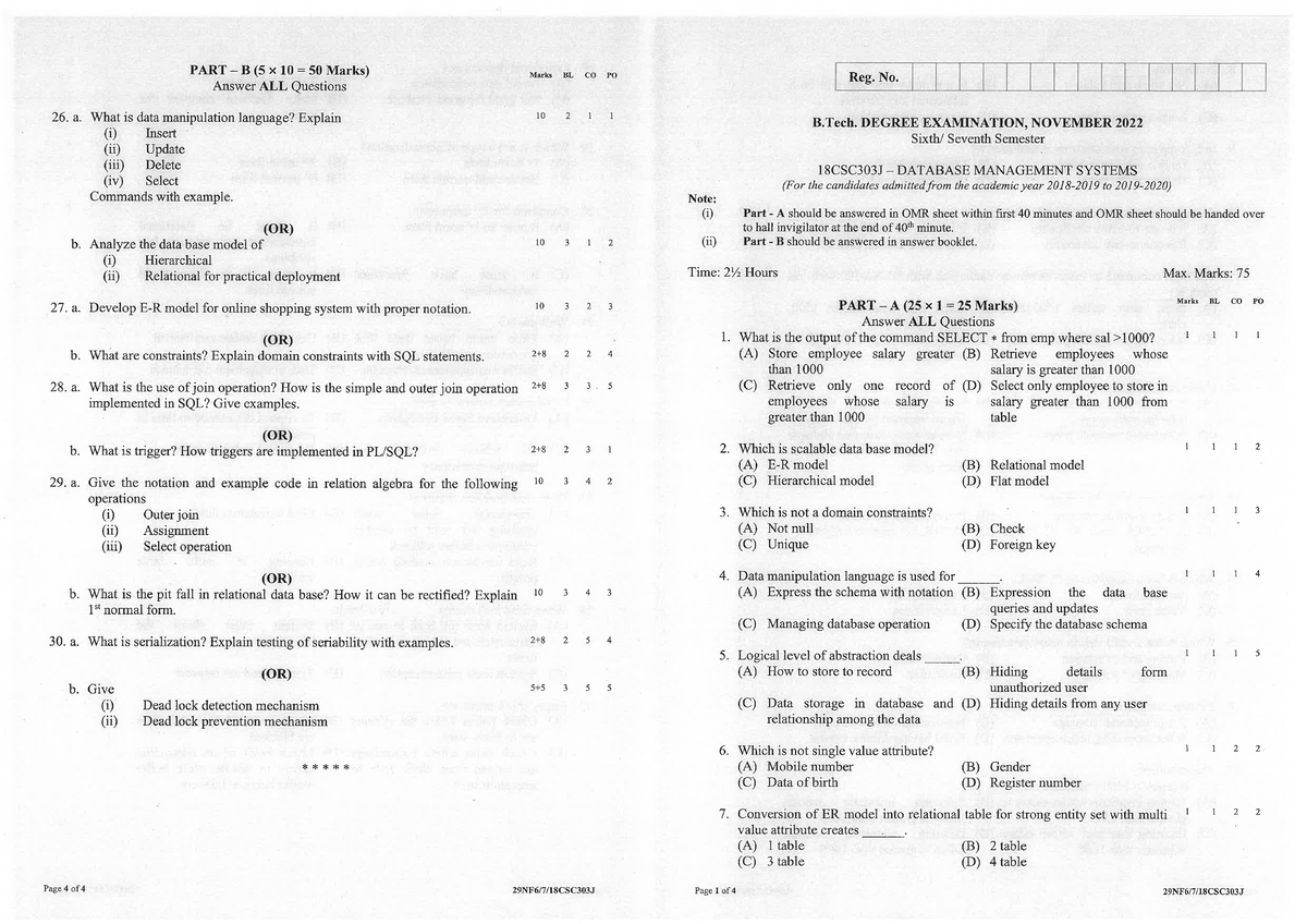 18CSC303J 29.11.2022 FN - Database Management Systems - Studocu