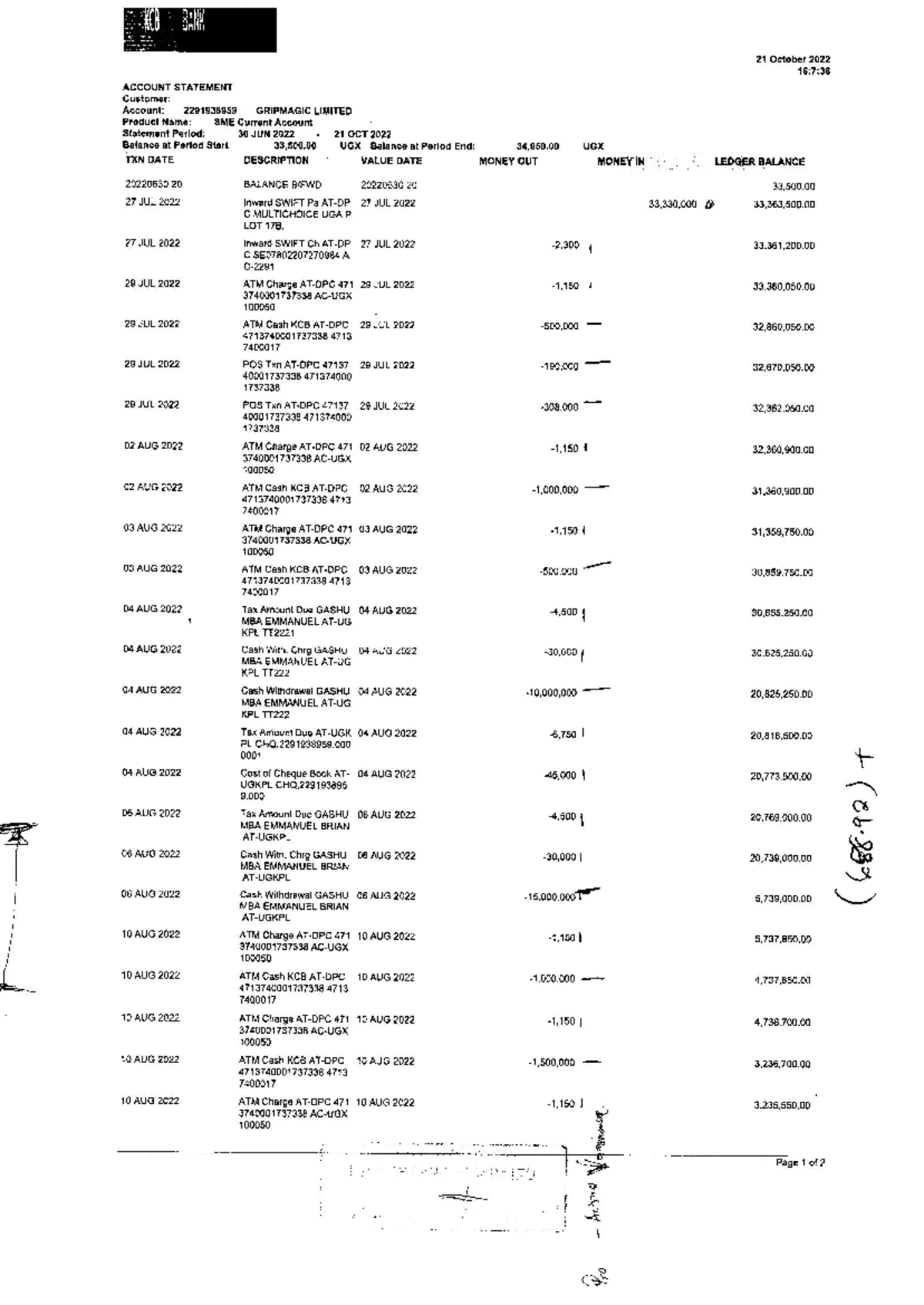KCB Bank statement - notes - KCB BANK 21 October 2022 16:7:38 ACCOUNT ...