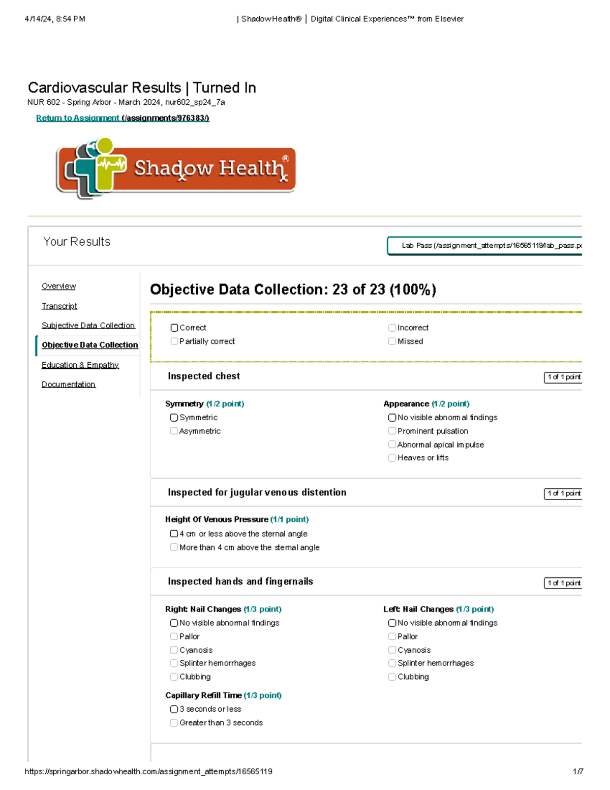 Shadow Health Cardio Objective Data 2024 - Cardiovascular Results ...