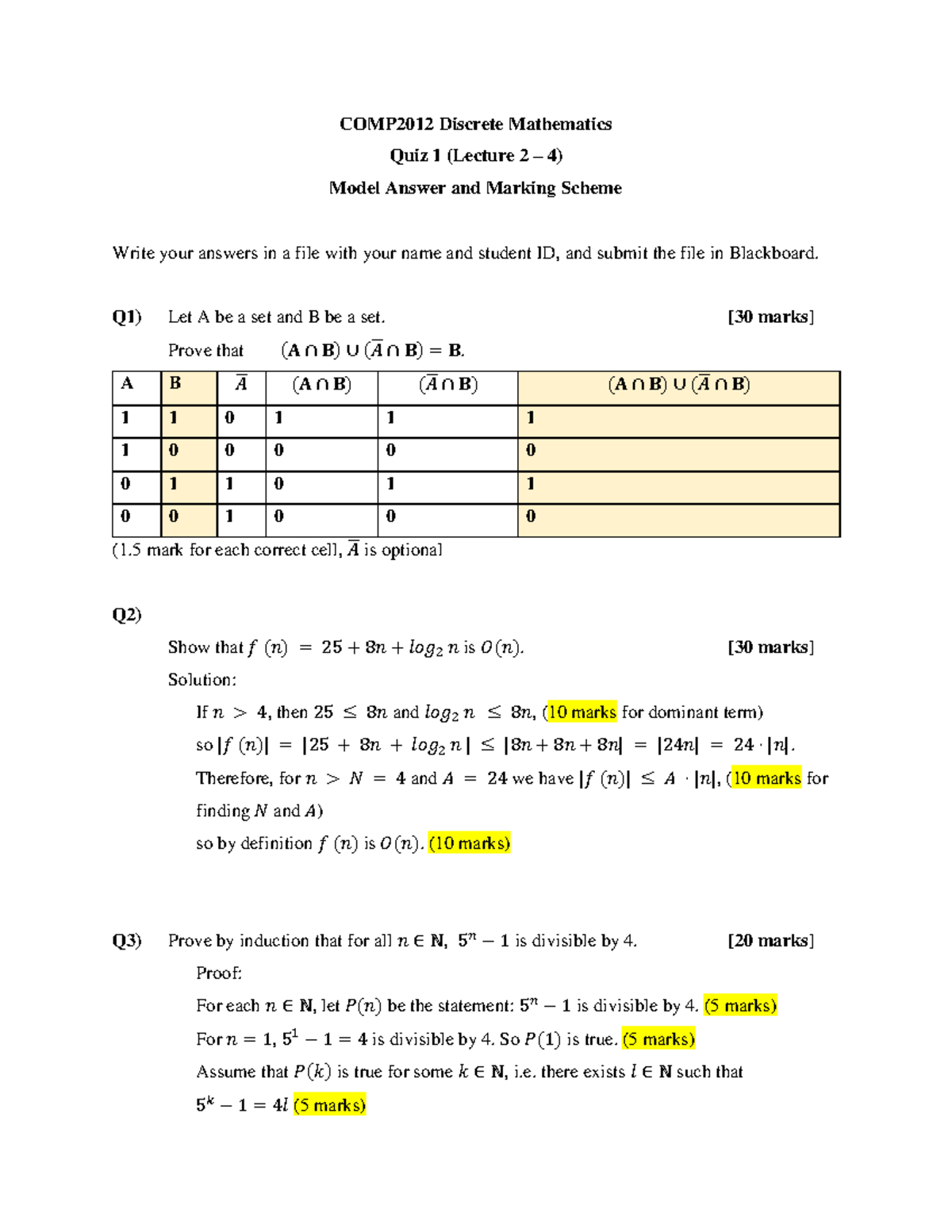 COMP2421 Lab 03 - LAB 3 - COMP2012 Discrete Mathematics Quiz 1 (Lecture 2 – 4) Model Answer and ...
