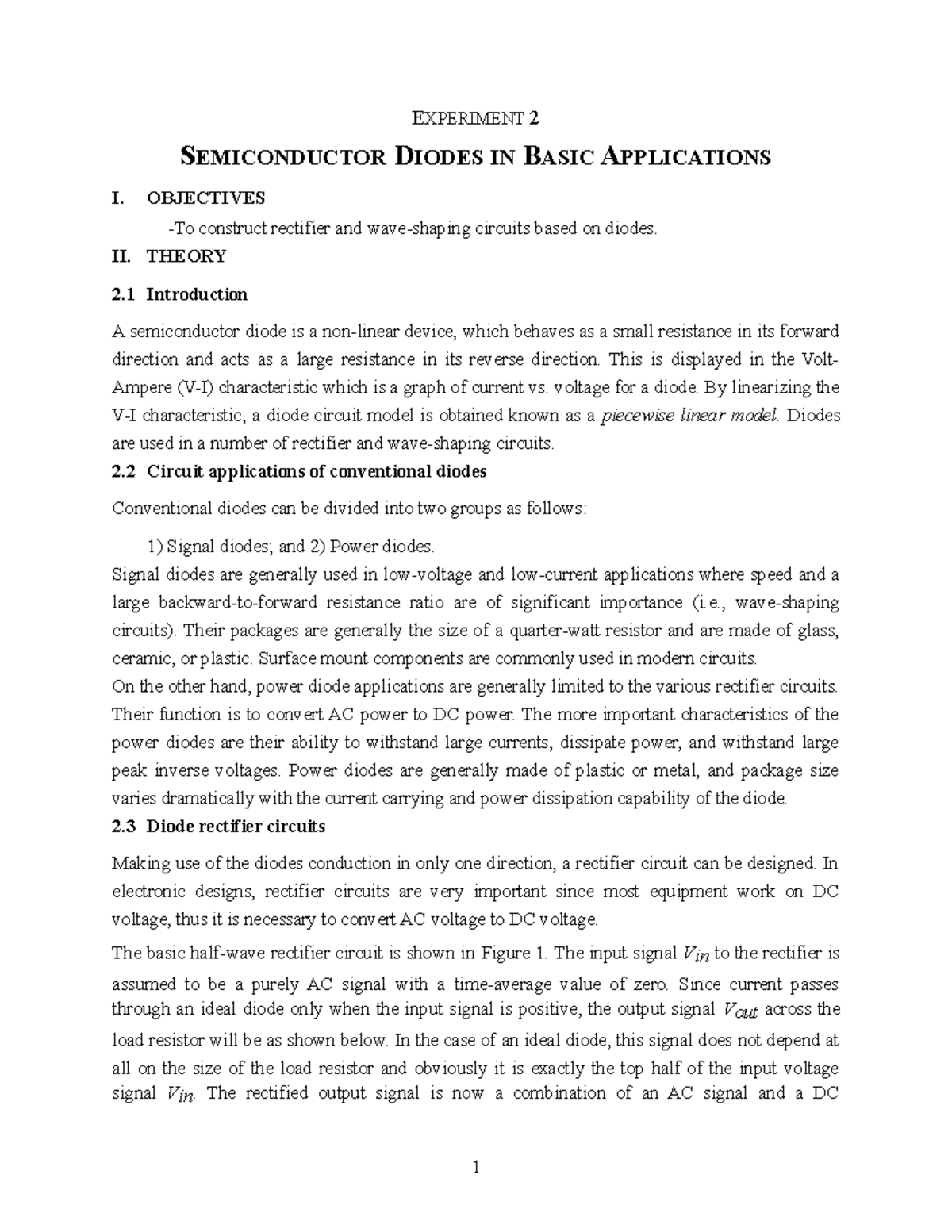Seminar assignments - pspice lab 2 - semiconductor diodes in basic applications - EXPERIMENT 2 ...