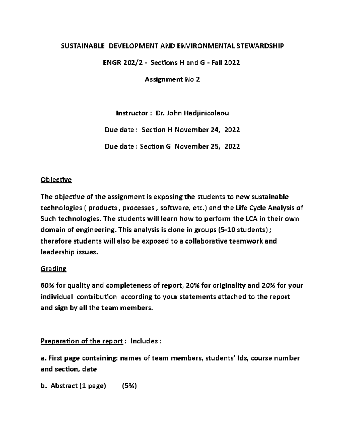 Assign No 2 - ENGR 202-Fall 2022.sections H and G - SUSTAINABLE DEVELOPMENT AND ENVIRONMENTAL ...