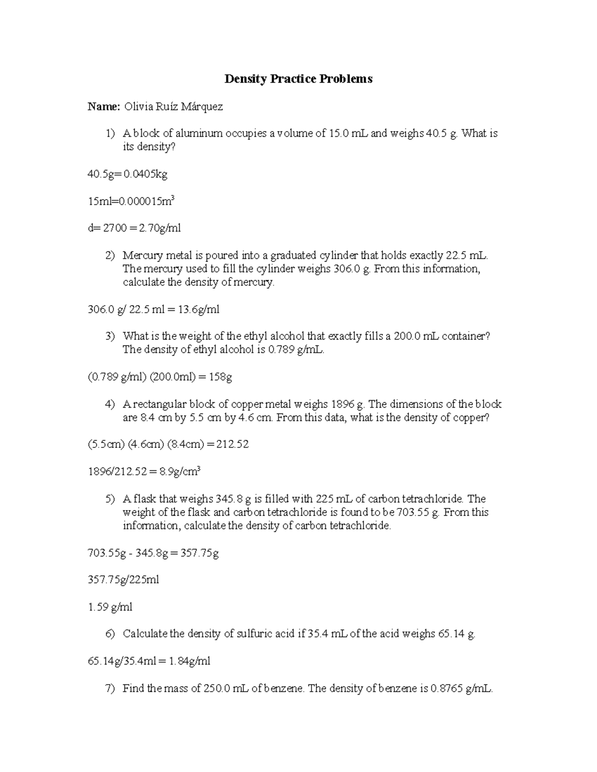 Density Problems - Density Practice Problems Name: Olivia Ruíz Márquez ...