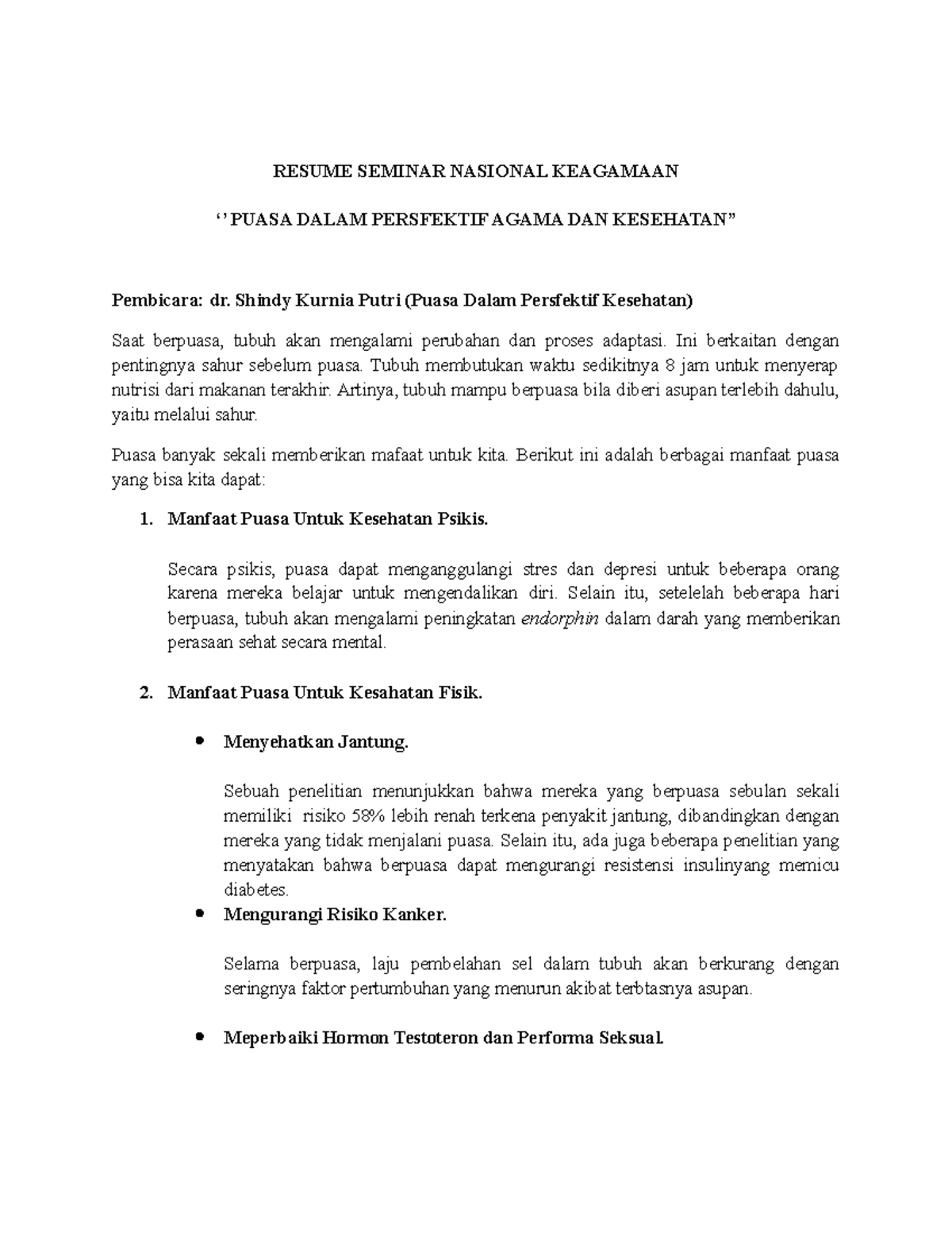 Resume Seminar - tugas - RESUME SEMINAR NASIONAL KEAGAMAAN ‘’ PUASA ...