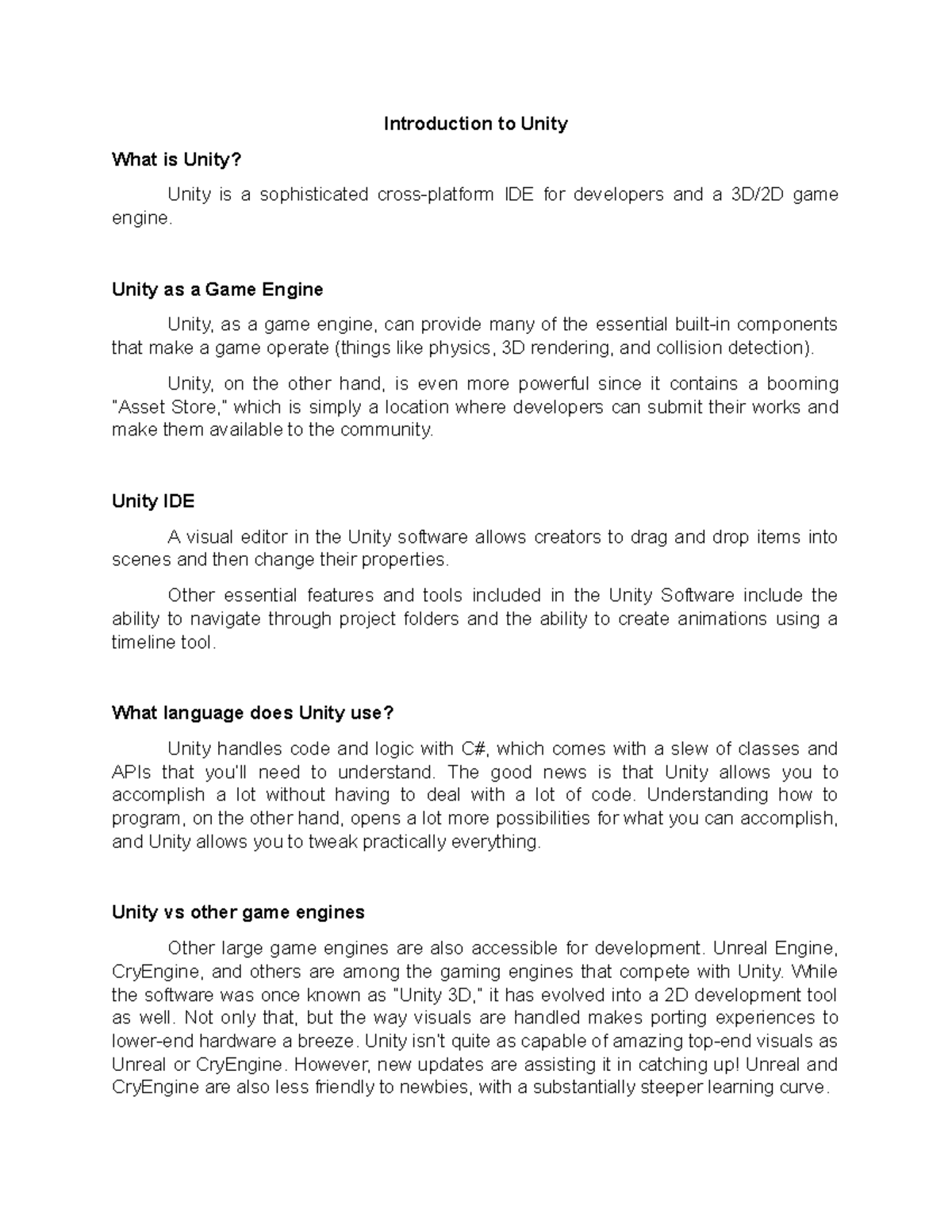 Introduction To Unity Introduction To Unity What Is Unity Unity Is A