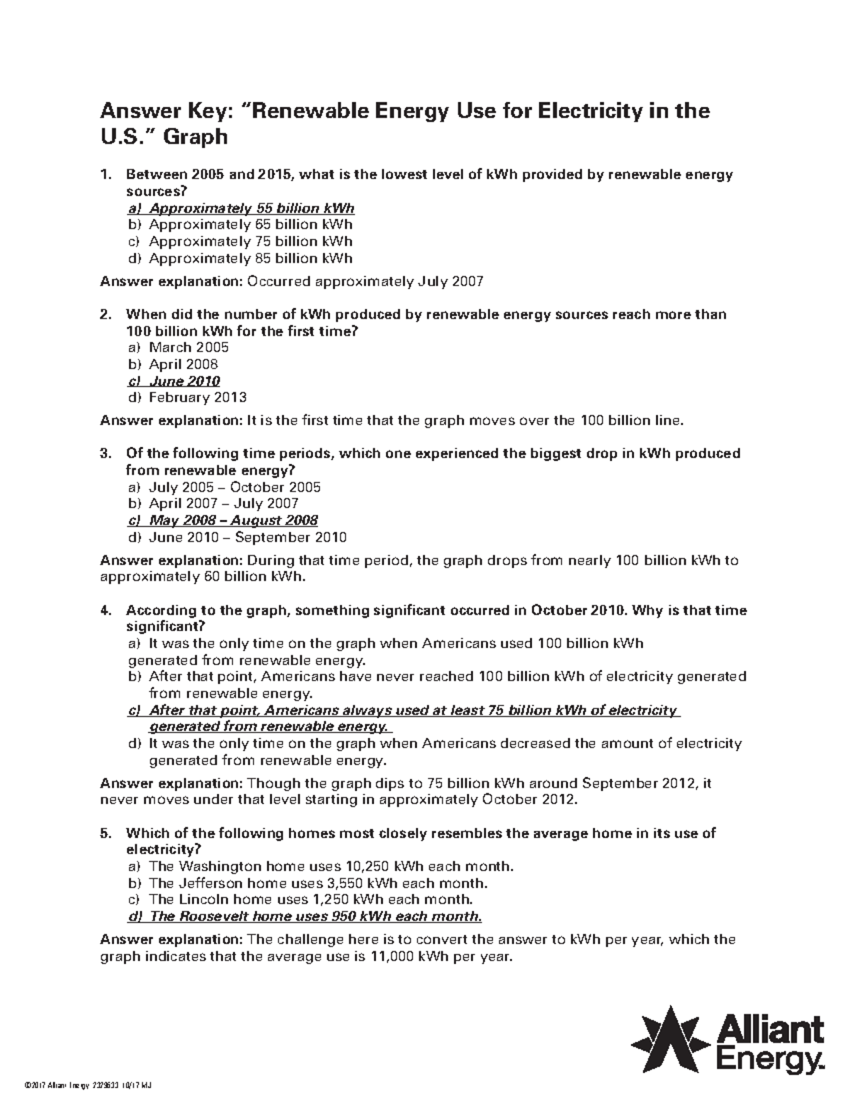 Quizzes Answer Key - Answer Key: “Renewable Energy Use for Electricity ...