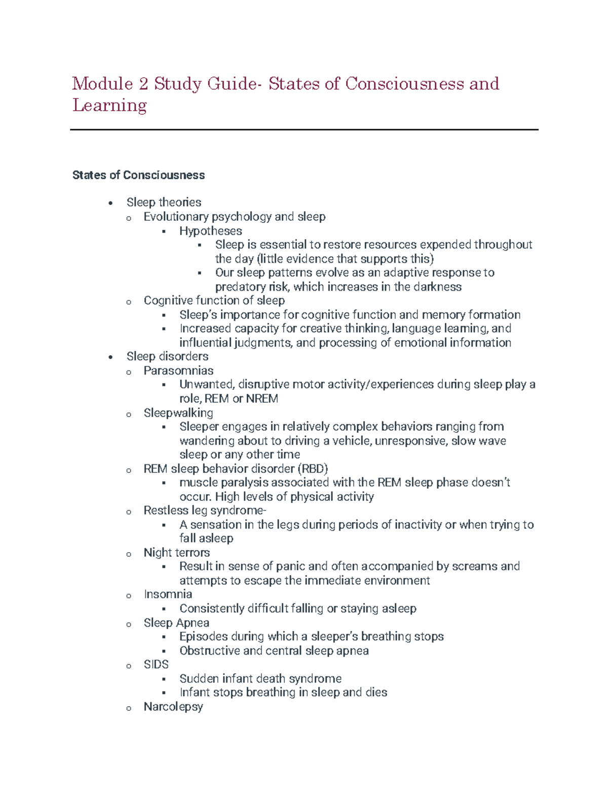 PSY 101 Module 2 Study Guide: States of Consciousness and Learning ...