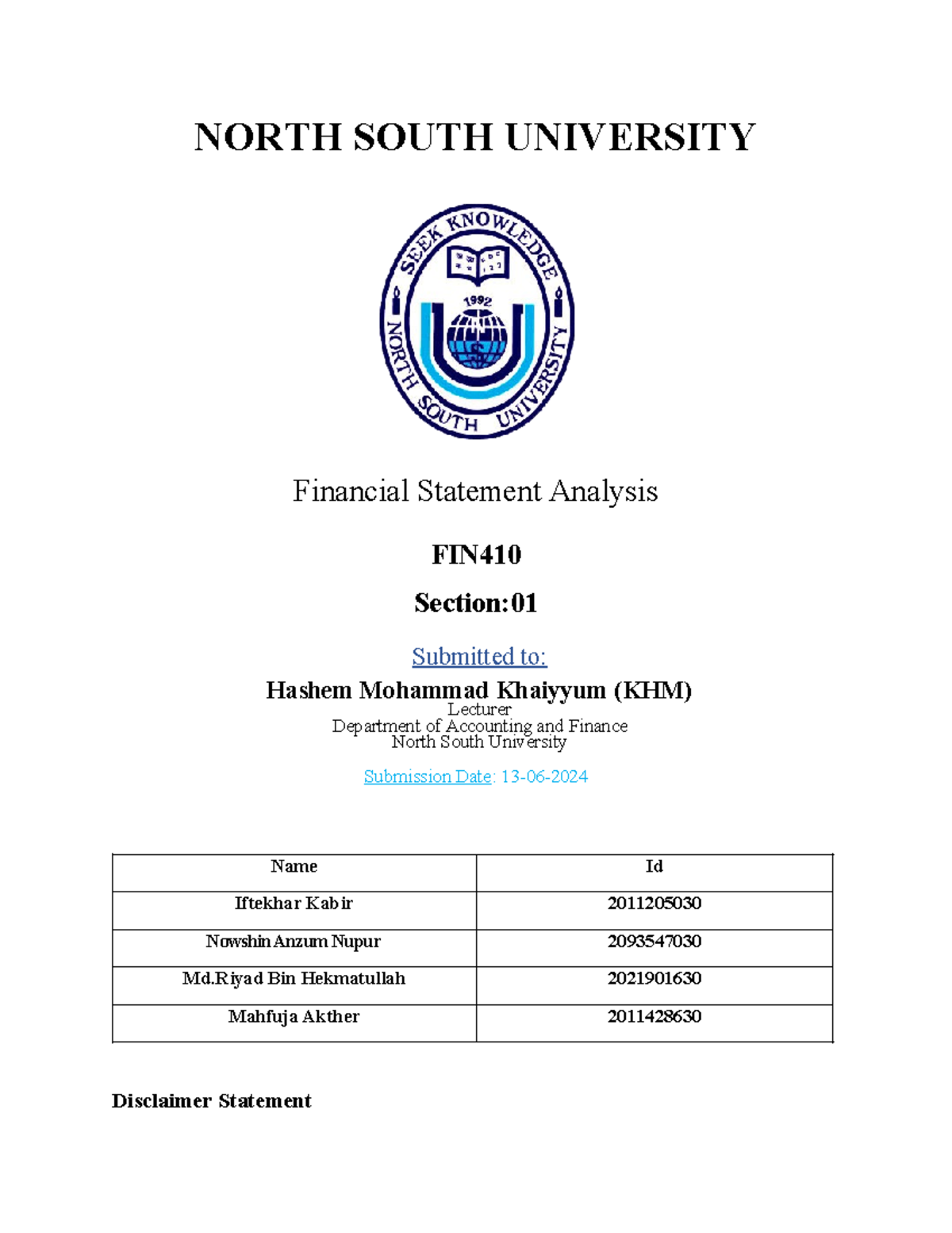 FIN410 Final - NORTH SOUTH UNIVERSITY Financial Statement Analysis FIN ...