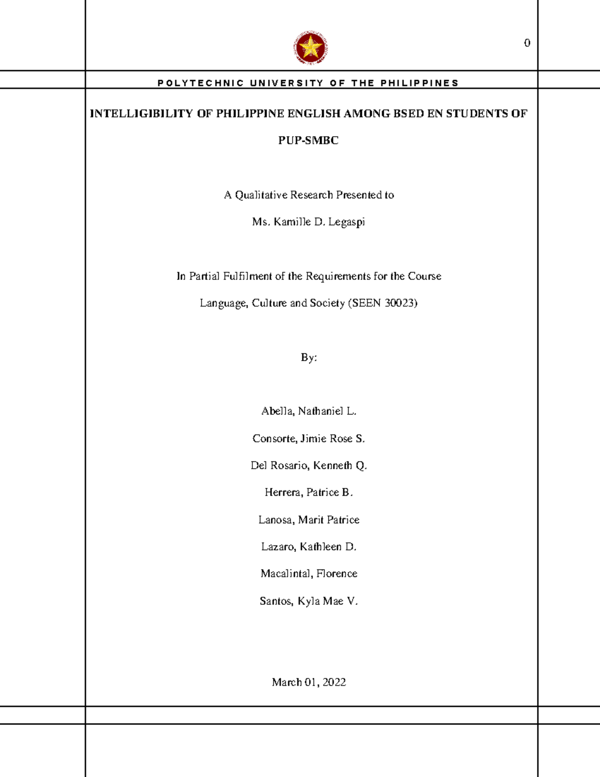 Group 4 - Inteligibility of Philippine English Among BSED EN students of PUP-SMBC - P O L Y T E ...