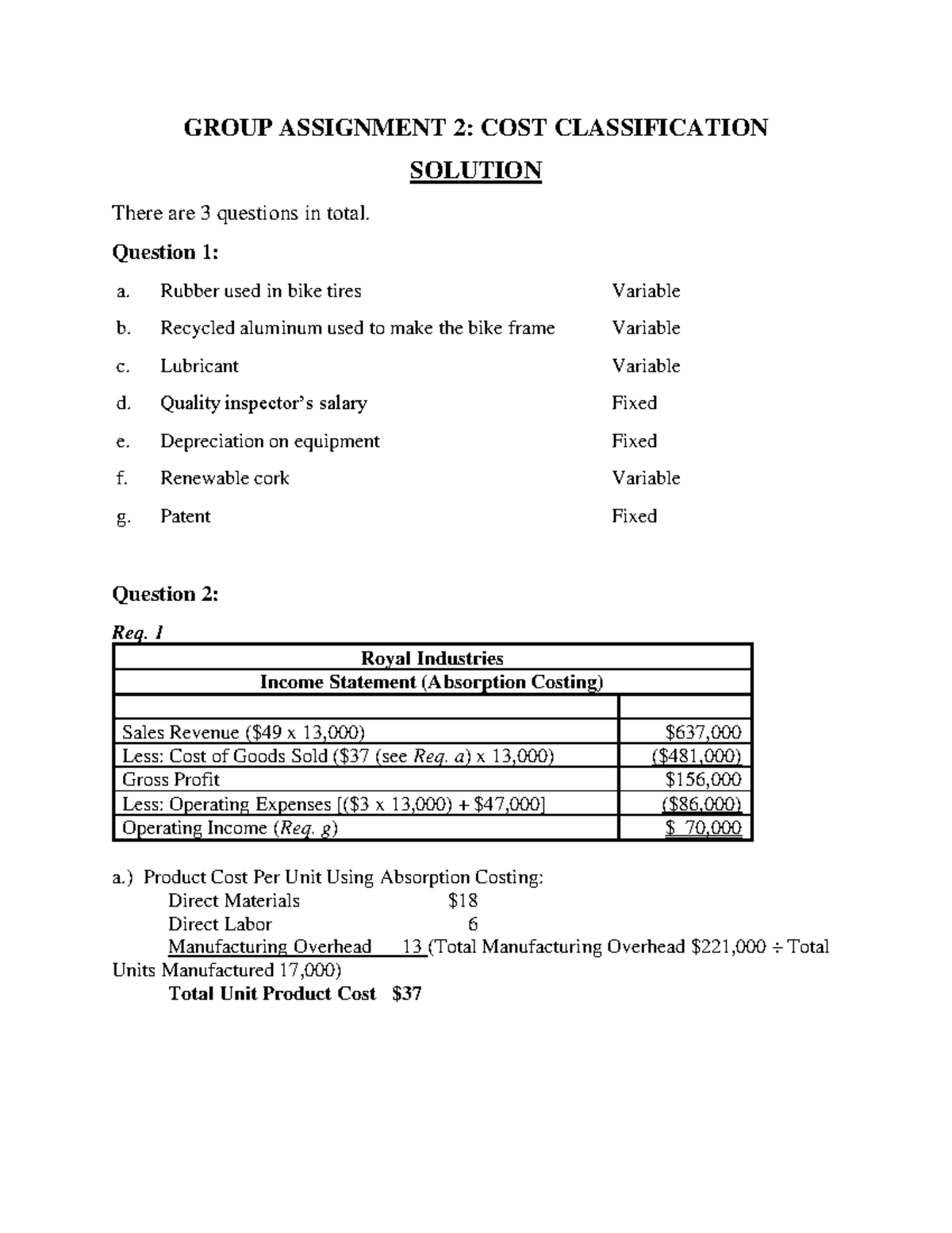 GA2 Cost classification Ans - GROUP ASSIGNMENT 2: COST CLASSIFICATION SOLUTION There are 3 ...