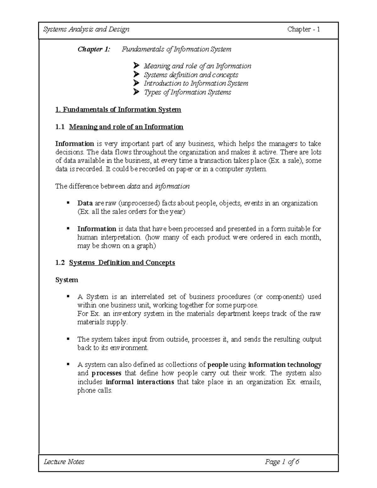 Sad-chap-1 - Chapter 1: Fundamentals of Information System Meaning and role of an Information ...