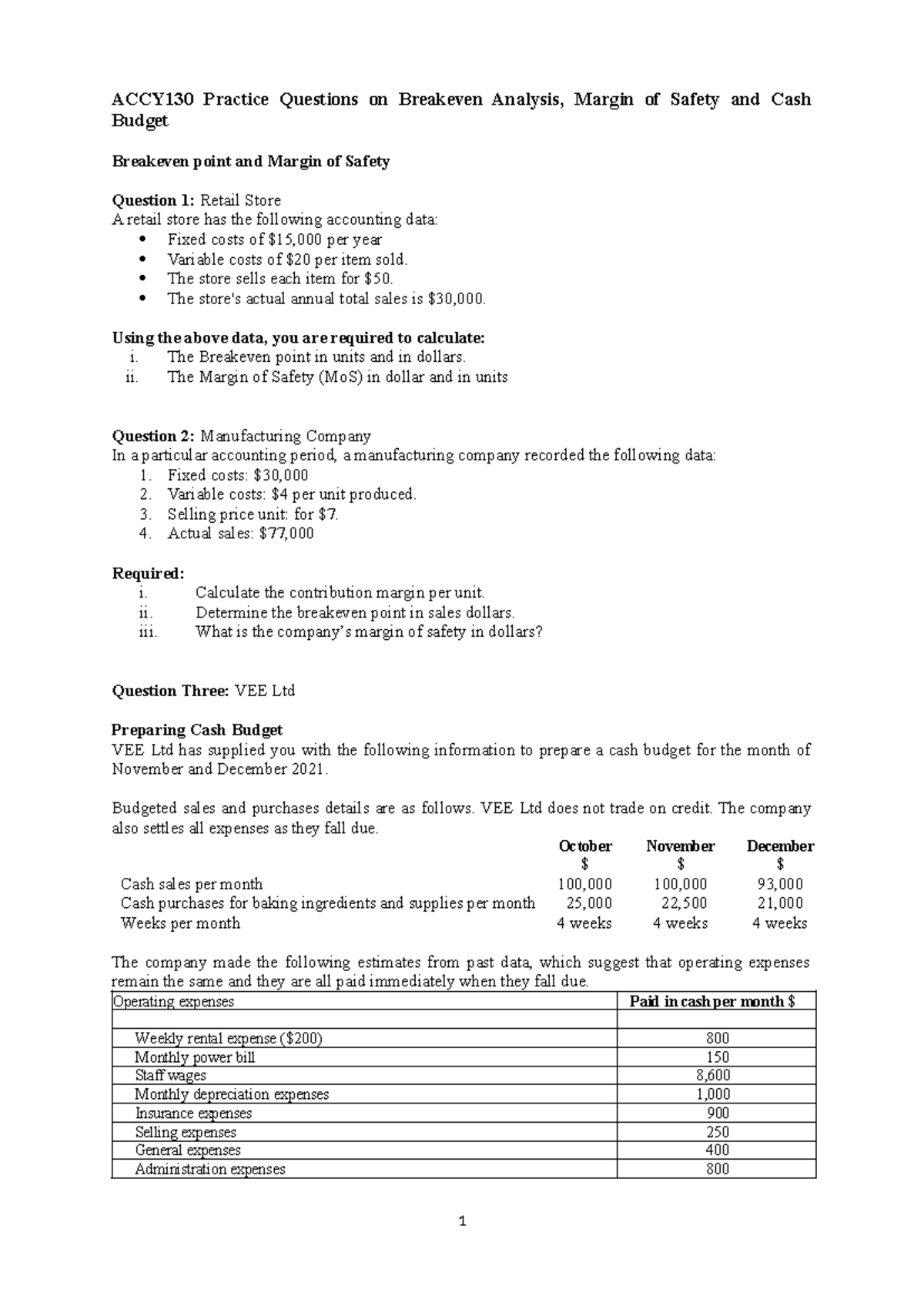 ACCY130 Practice Questions on BEP & Cash Budget - ACCY130 Practice ...