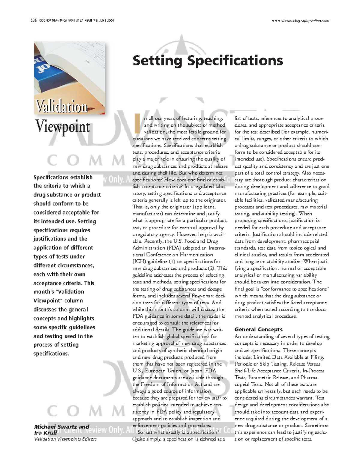 Setting Specifications - 536 LCGC NORTH AMERICA VOLUME 22 NUMBER 6 JUNE 2004 ...