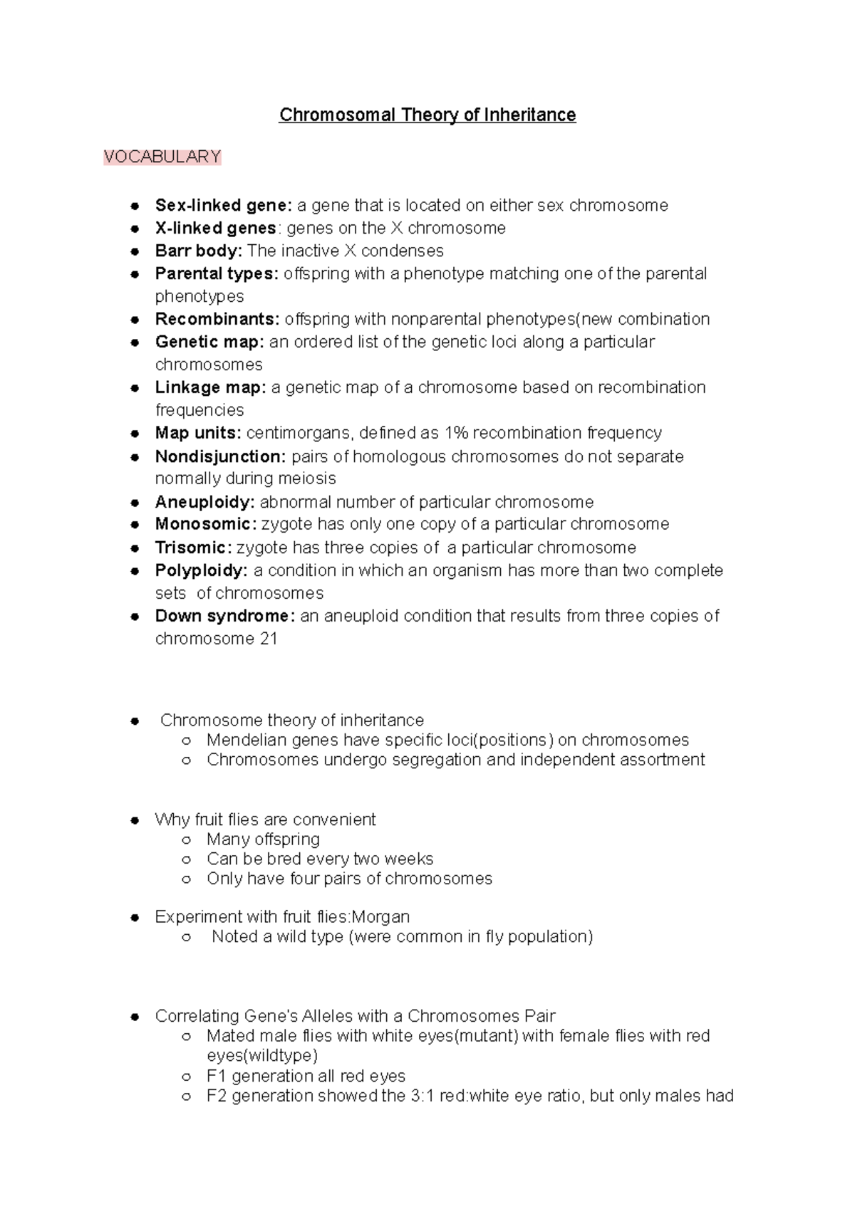 Chromosomal Theory Of Inheritance Notes Chromosomal Theory Of Inheritance Vocabulary Sex