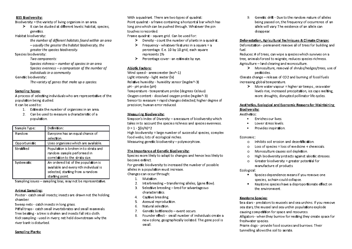 Biodiversity - Notes covering OCR A chapter A LEVEL. - B11 Biodiversity ...