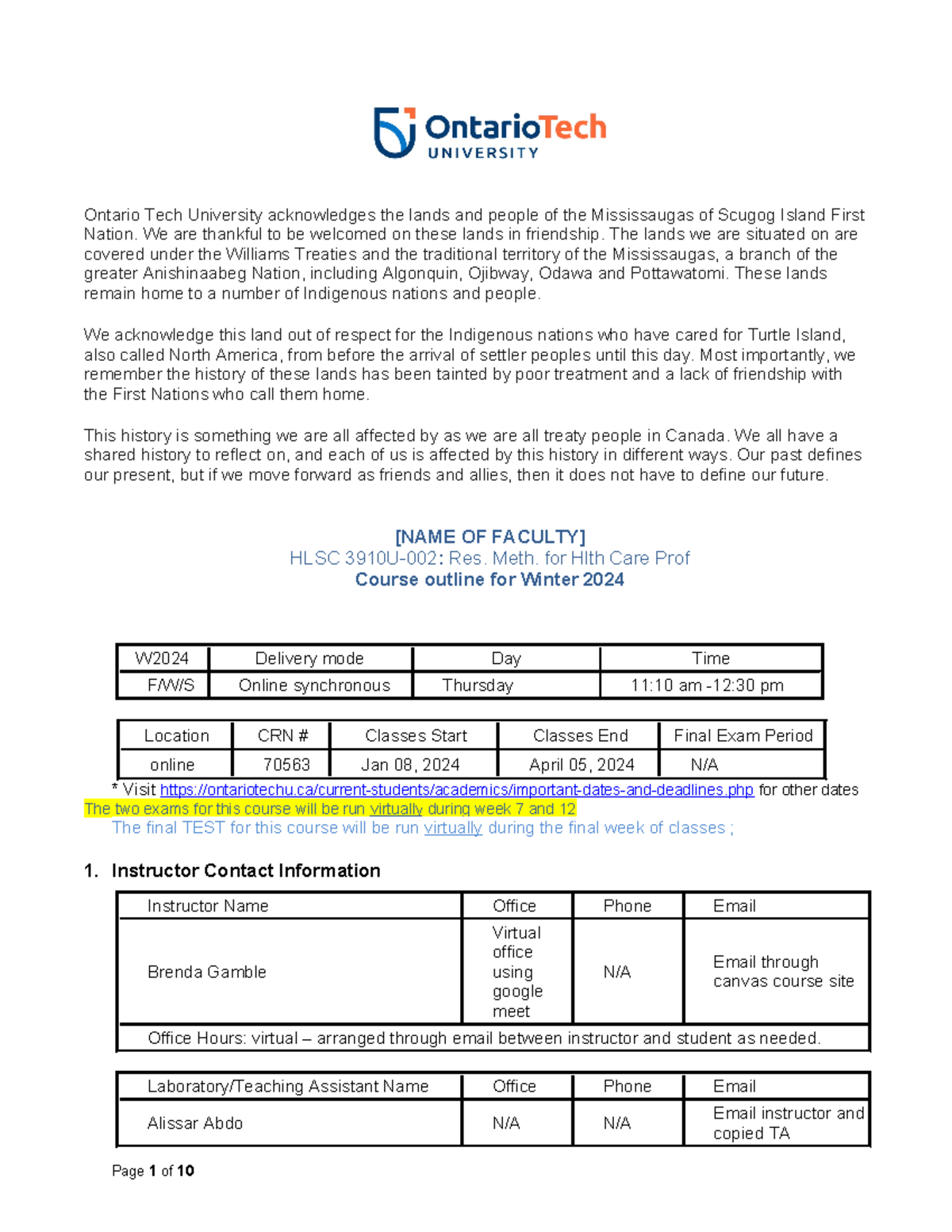 Hlsc 3910u Syllabus Final Jan 11 Ontario Tech University Acknowledges The Lands And People