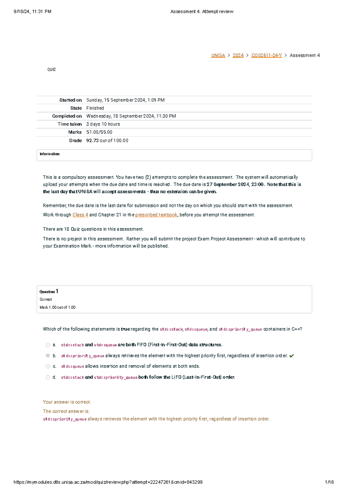 Assessment 4 Attempt review - UNISA 2024 COS2611-24-Y Assessment 4 Started on Sunday, 15 - Studocu