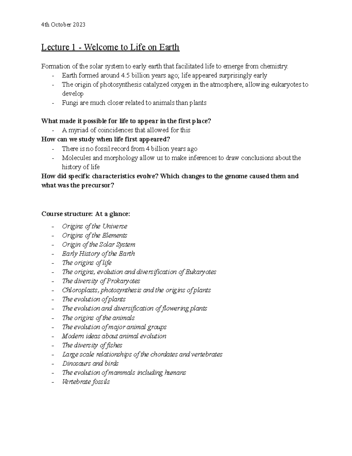 BIOL0004 - Life on Earth - Lecture 1 - Welcome to Life on Earth ...