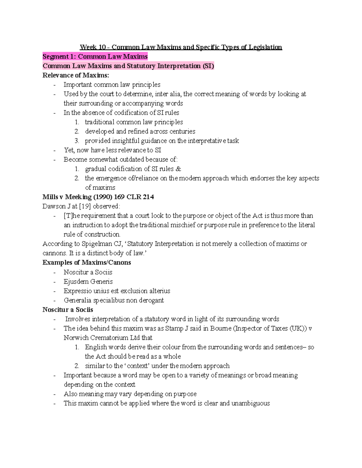 Week 10 - Common Law Maxims and Specific Types of Legislation - Week 10 ...