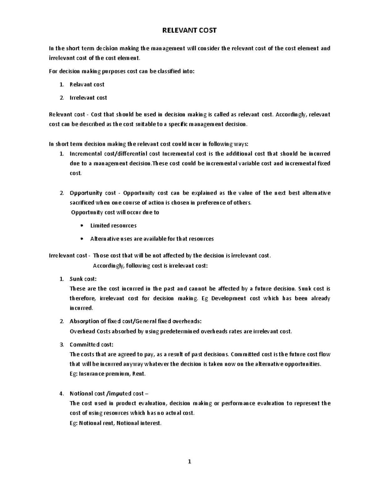 Maf-relevant-cost(eng) - RELEVANT COST In the short term decision ...