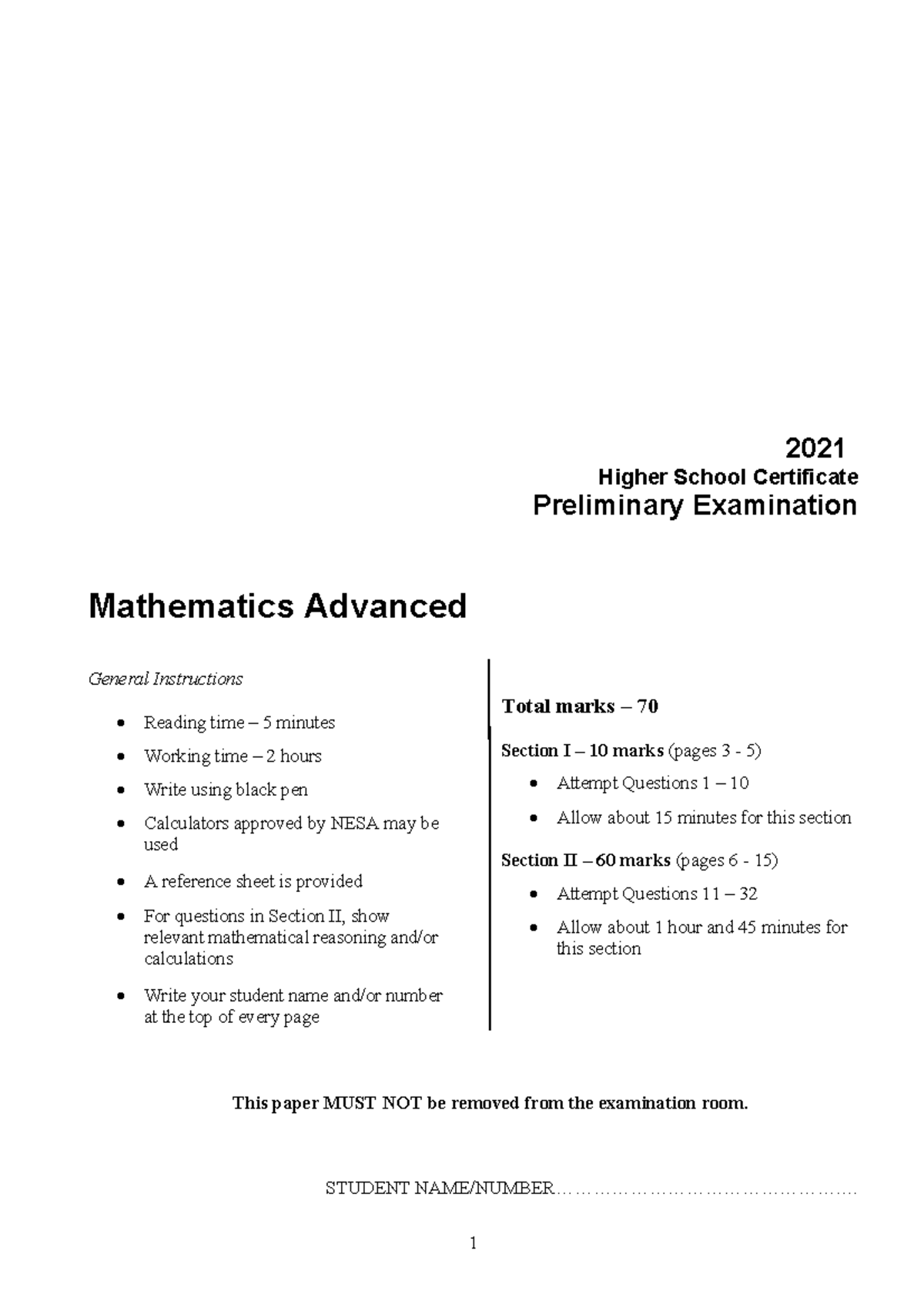 2021 Mathematics Advanced Year 11 - 2021 Higher School Certificate ...