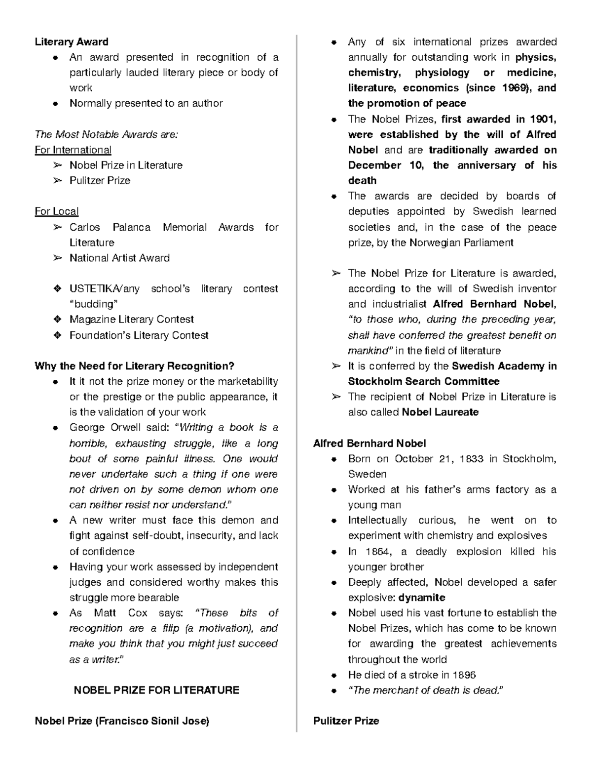 Elective Finals - Literary Award An award presented in recognition of a ...