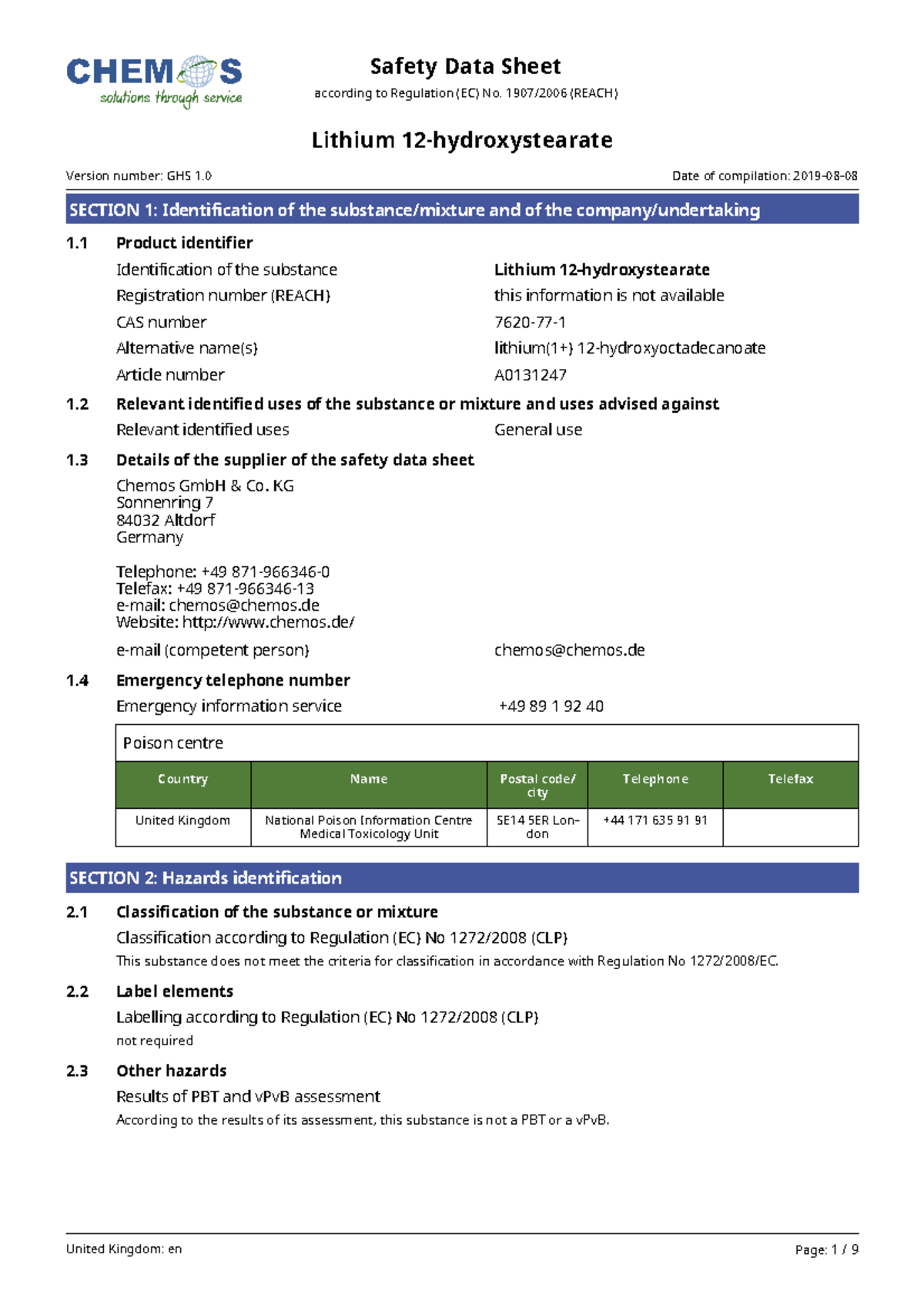 12- Hidroxiestearato DE LI - SECTION 1: Identification of the substance ...