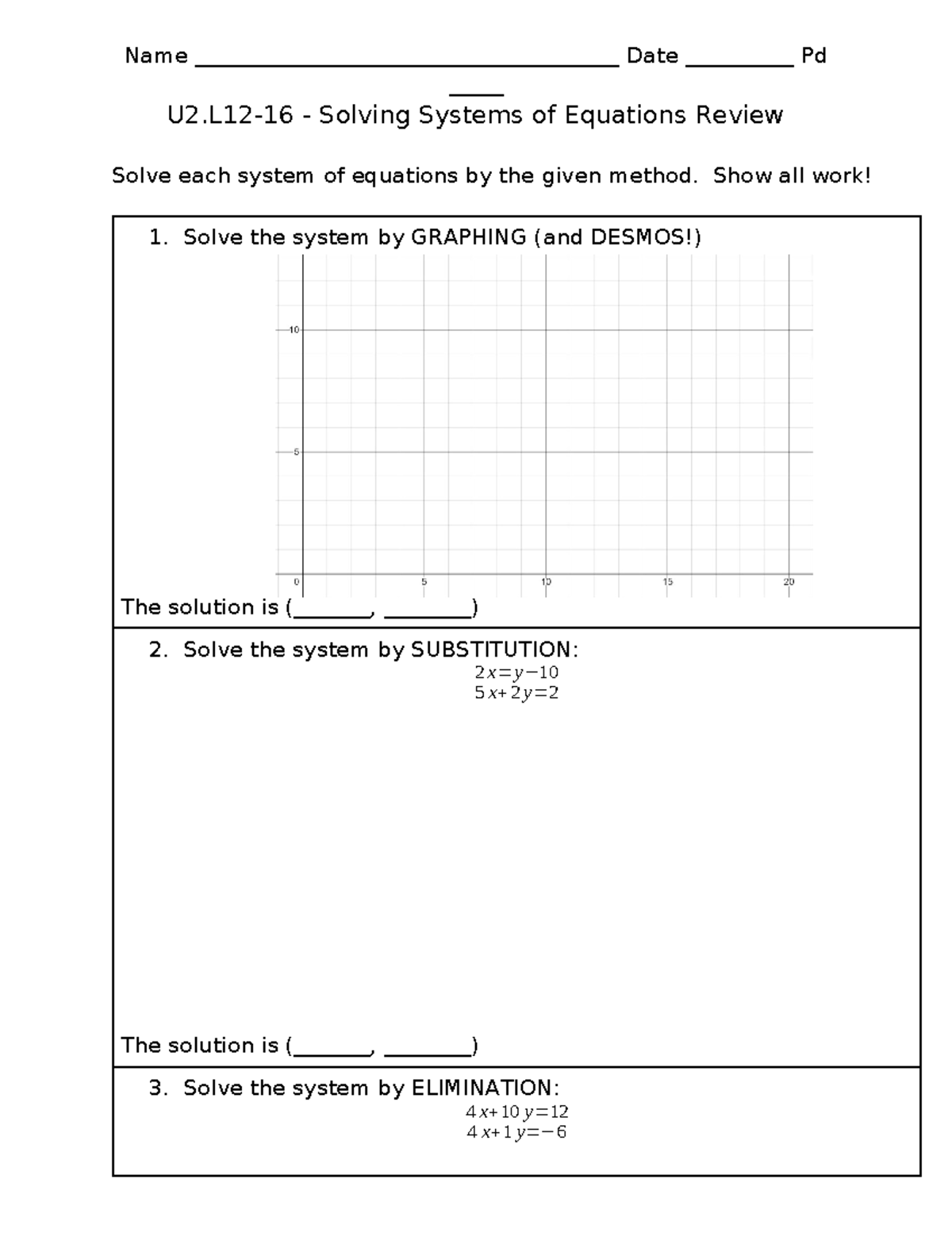 Algebra I Review Systems of Equations U2L12-16 - Name ...