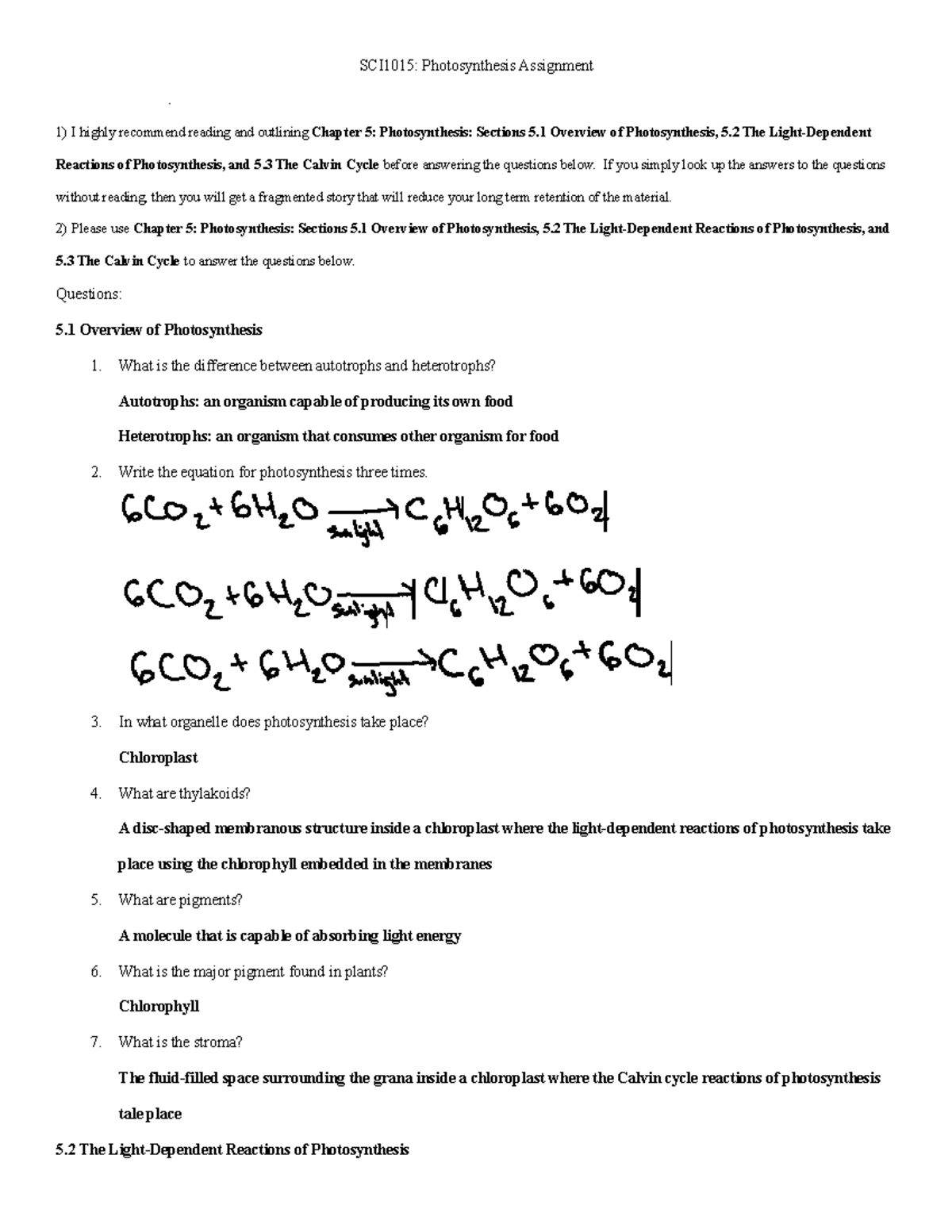 SCI1015 Photosynthesis Assignment - I highly recommend reading and ...