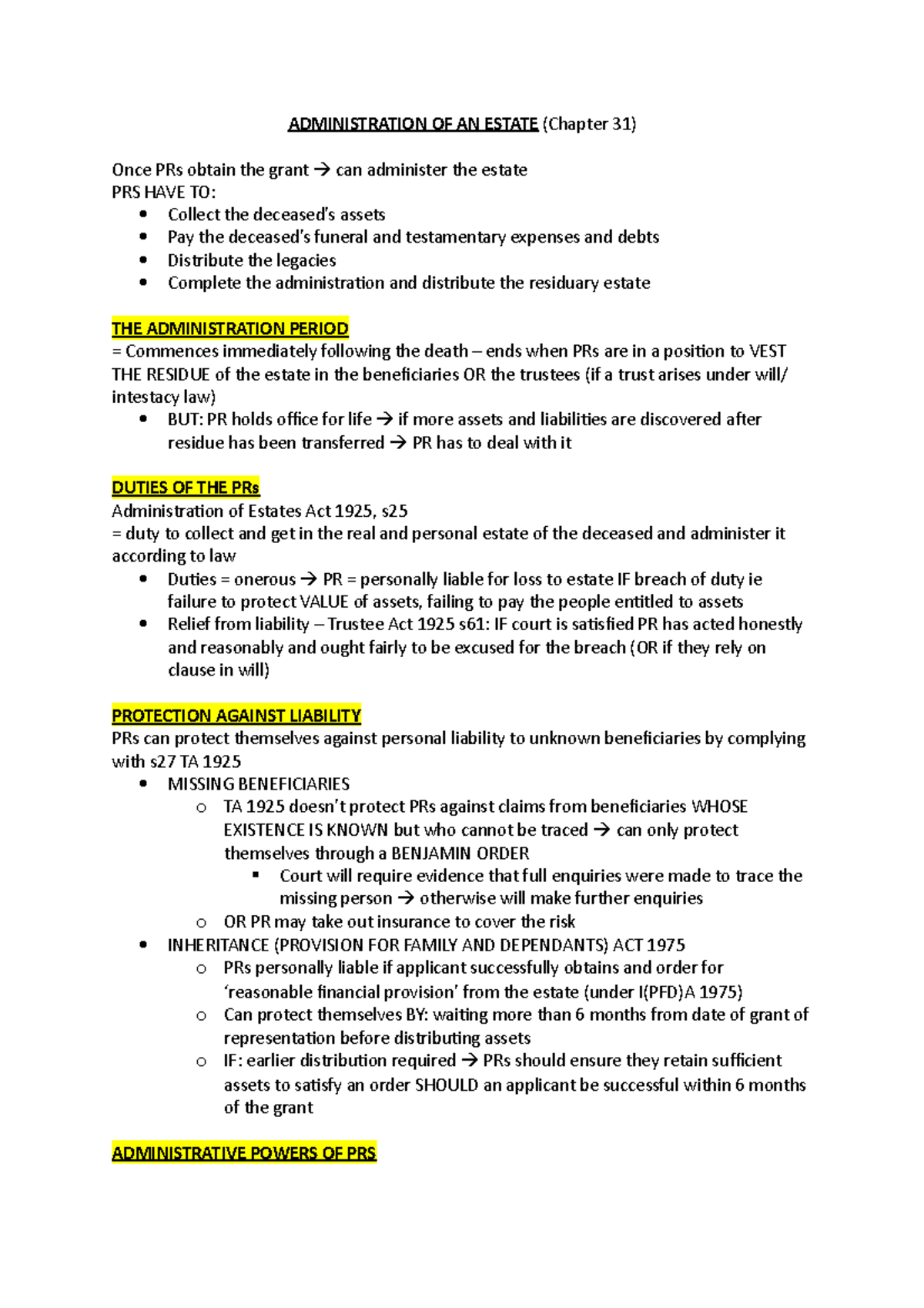 administration of an estate revision notes and structure ...