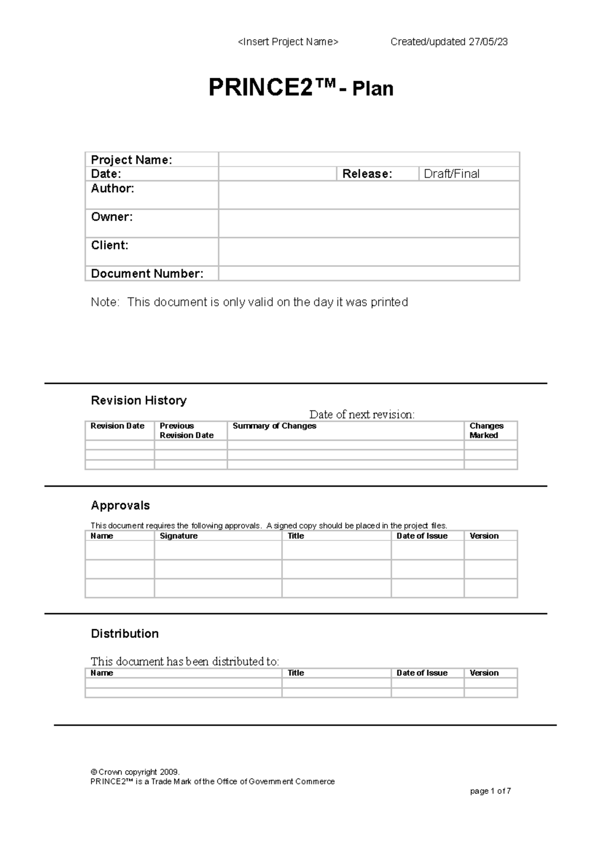 Plan - plan doc - Created/updated 27/05/ PRINCE2™- Plan Project Name ...