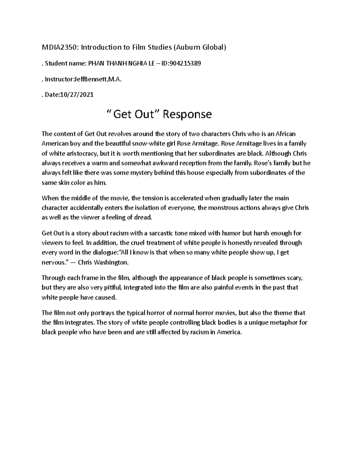 Get out response - MDIA2350: Introduction to Film Studies (Auburn ...