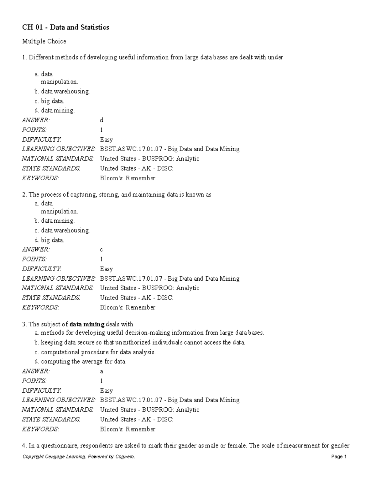 CH 01 Data and Statistic for business - Multiple Choice Different ...