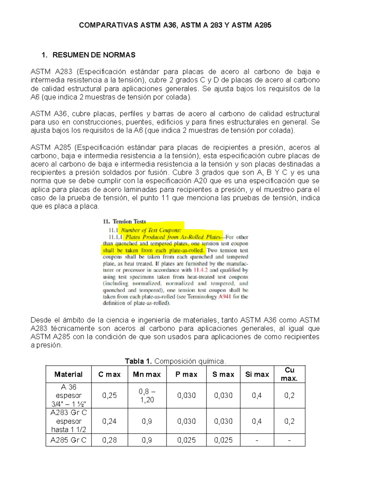 Comparativa normas - COMPARATIVAS ASTM A36, ASTM A 283 Y ASTM A 1. RESUMEN DE NORMAS ASTM A283 ...