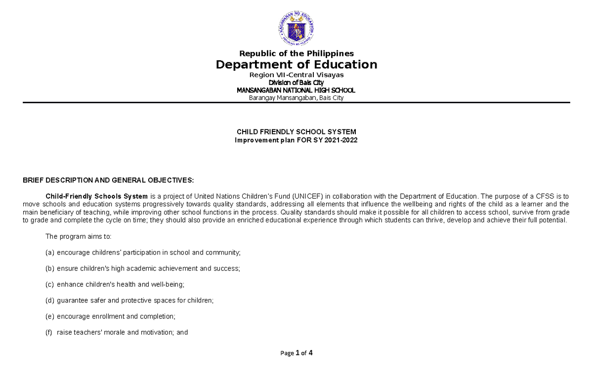 CFSS Improvement Plan - Department of Education Region VII-Central ...