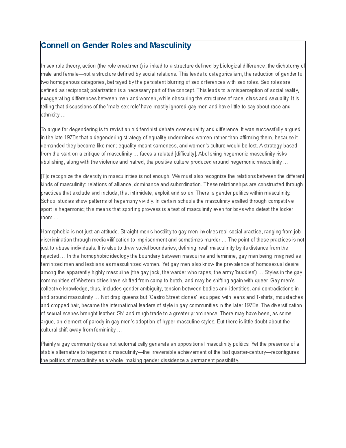 Connell on Gender Roles and Masculinity - This leads to categoricalism ...