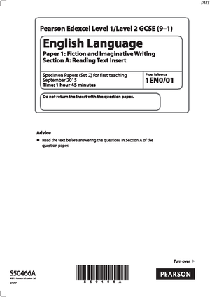 Specimen 1 IN - Paper 1 Edexcel English Language GCSE - PMT PMT - Studocu