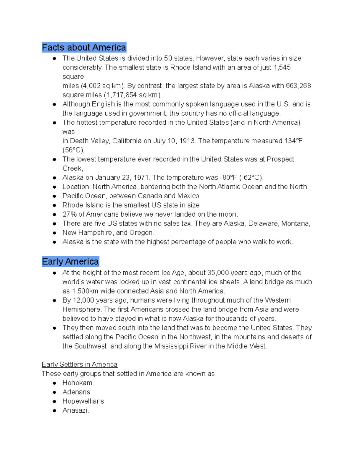 History 1 - Part 1 Notes - Facts about America The United States is ...