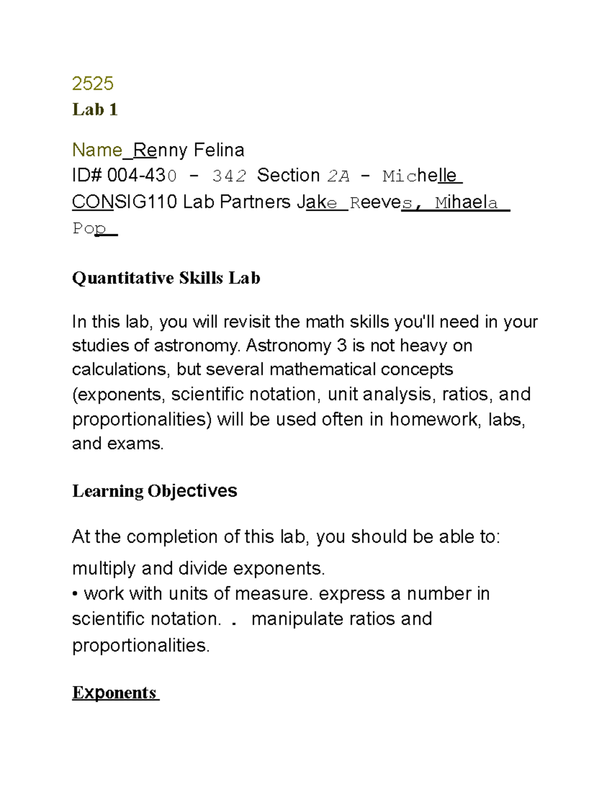 Astro 3 labs mcclean s15 fellner - 2525 Lab 1 Name_Renny Felina ID# 004-43 0 - 342 Section 2A ...